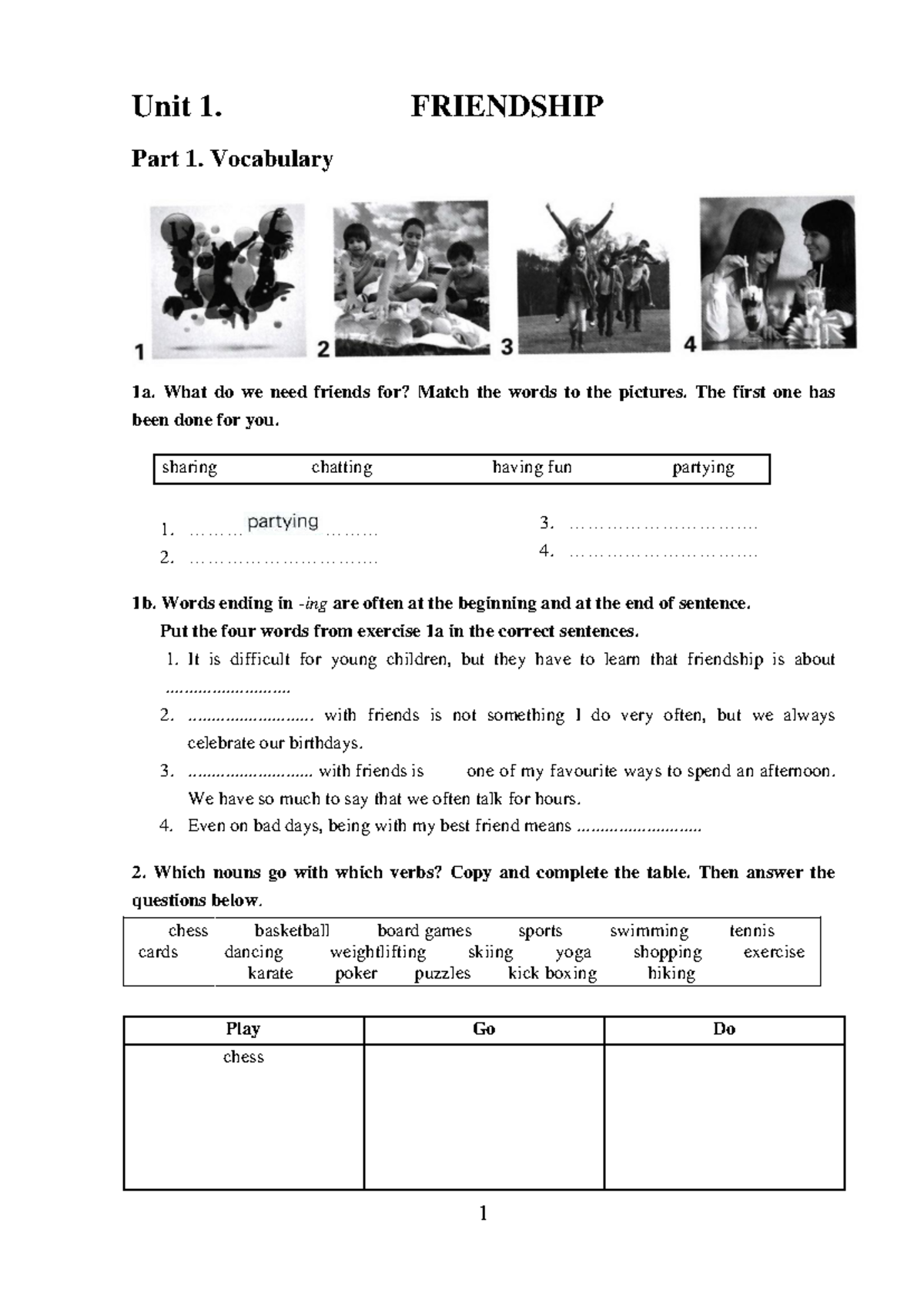 Unit 1. FRIENDSHIP: Vocabulary & Skills Development - Reading 1 ...