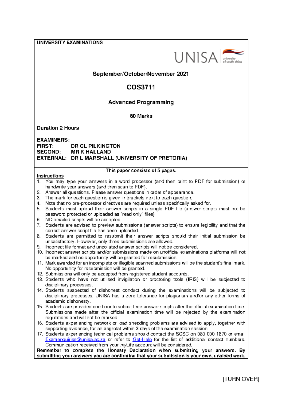 COS3711 2021 Oct-Nov Exam Paper: Advanced Programming Questions - Studocu
