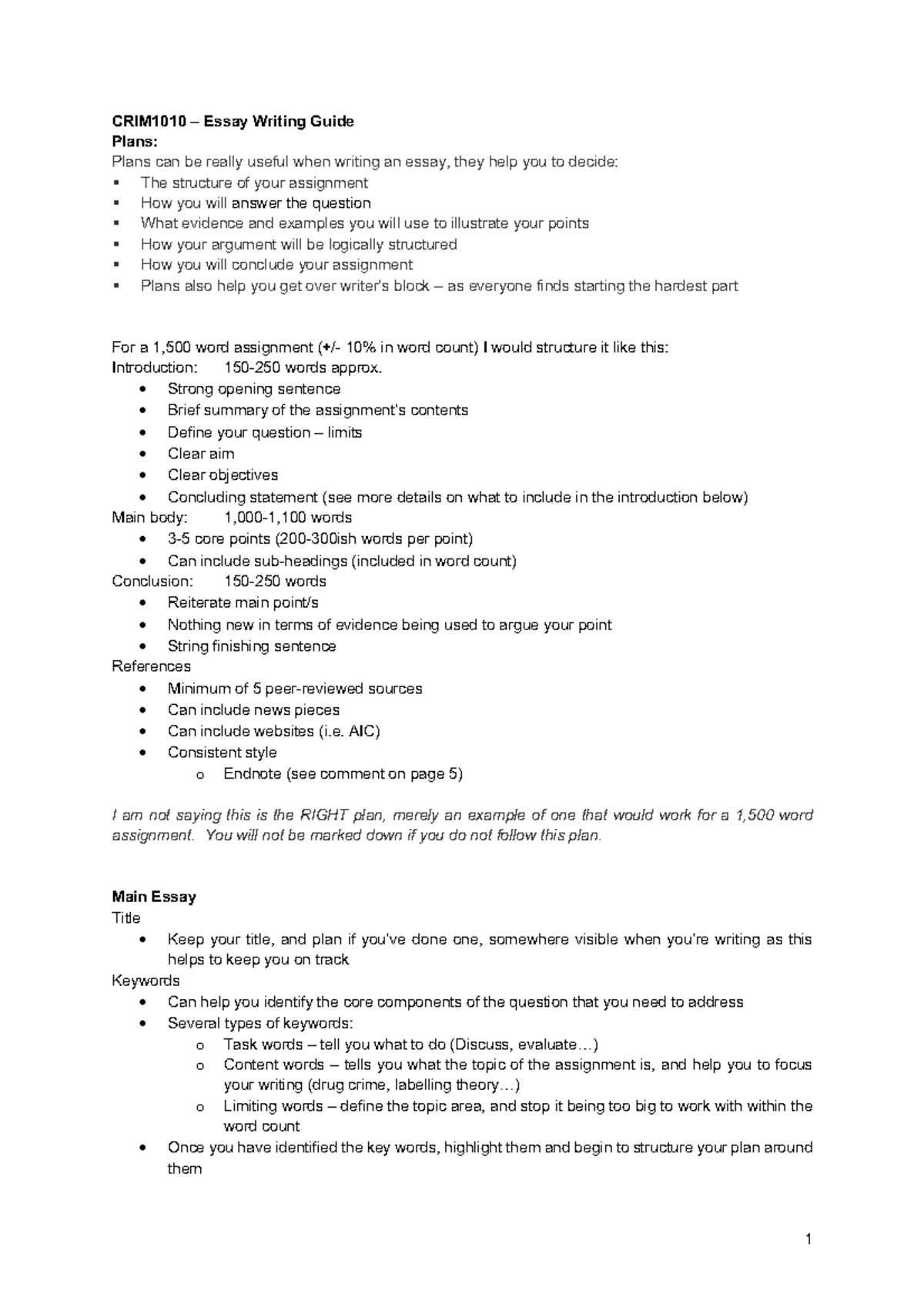 CRIM1010 Basic Essay Writing Guide - 1 CRIM1010 – Essay Writing Guide ...