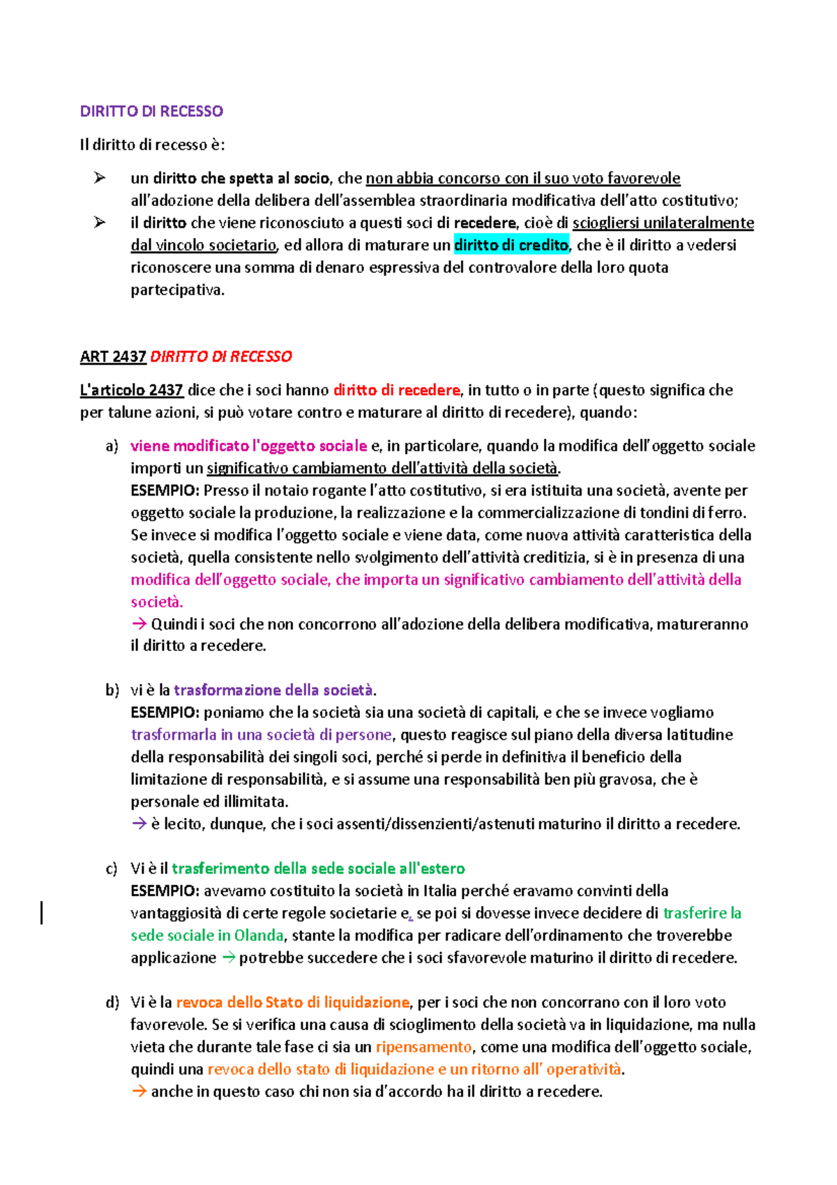 Diritto DI Recesso ( art 2437) - DIRITTO DI RECESSO Il diritto di ...