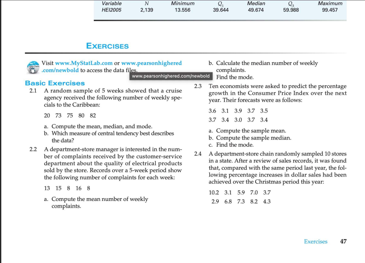 HEI2005 Statistical Analysis: Central Tendency Exercises - Studocu