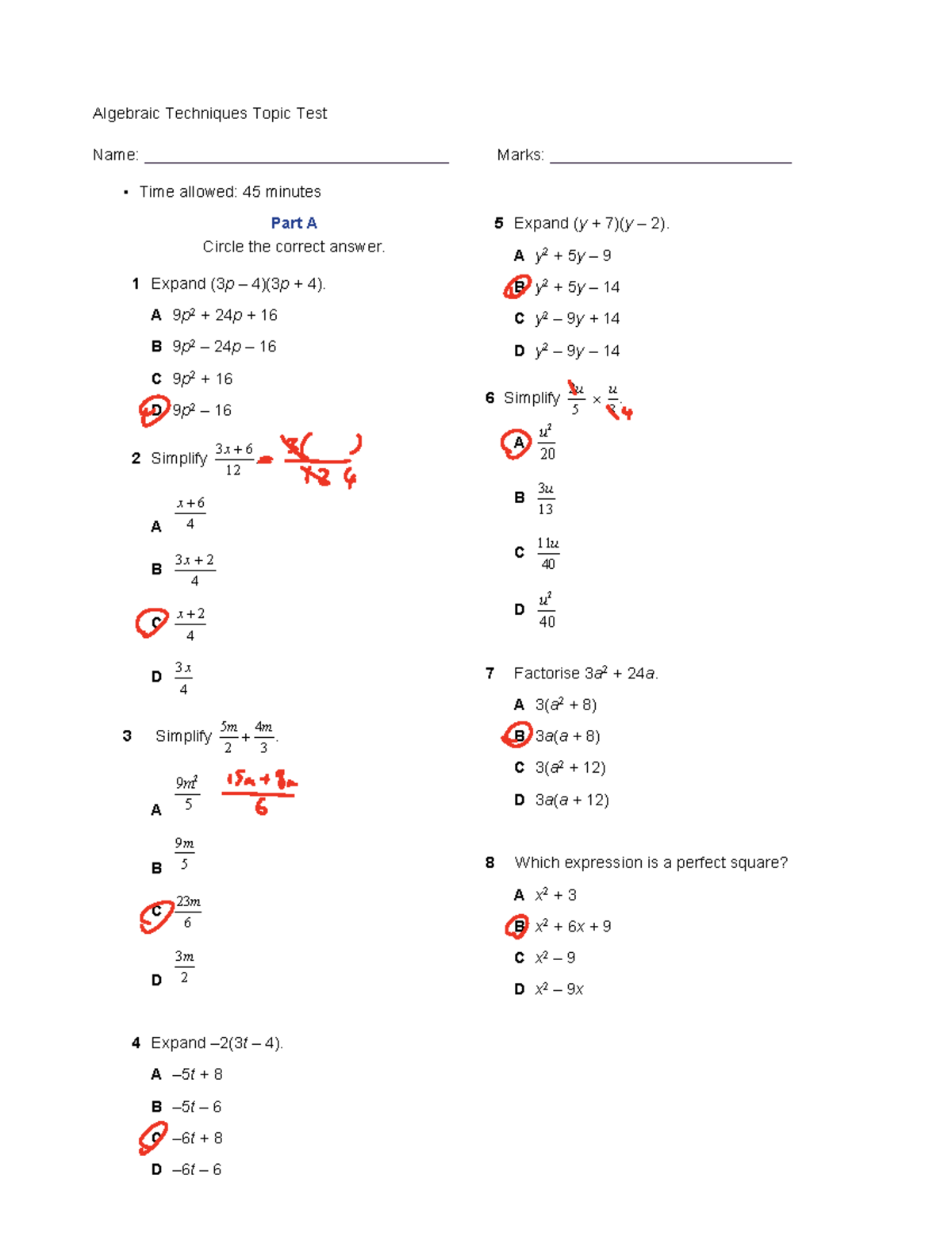 Year 9 Algebraic Techniques Topic Test - Practice Test - Studocu