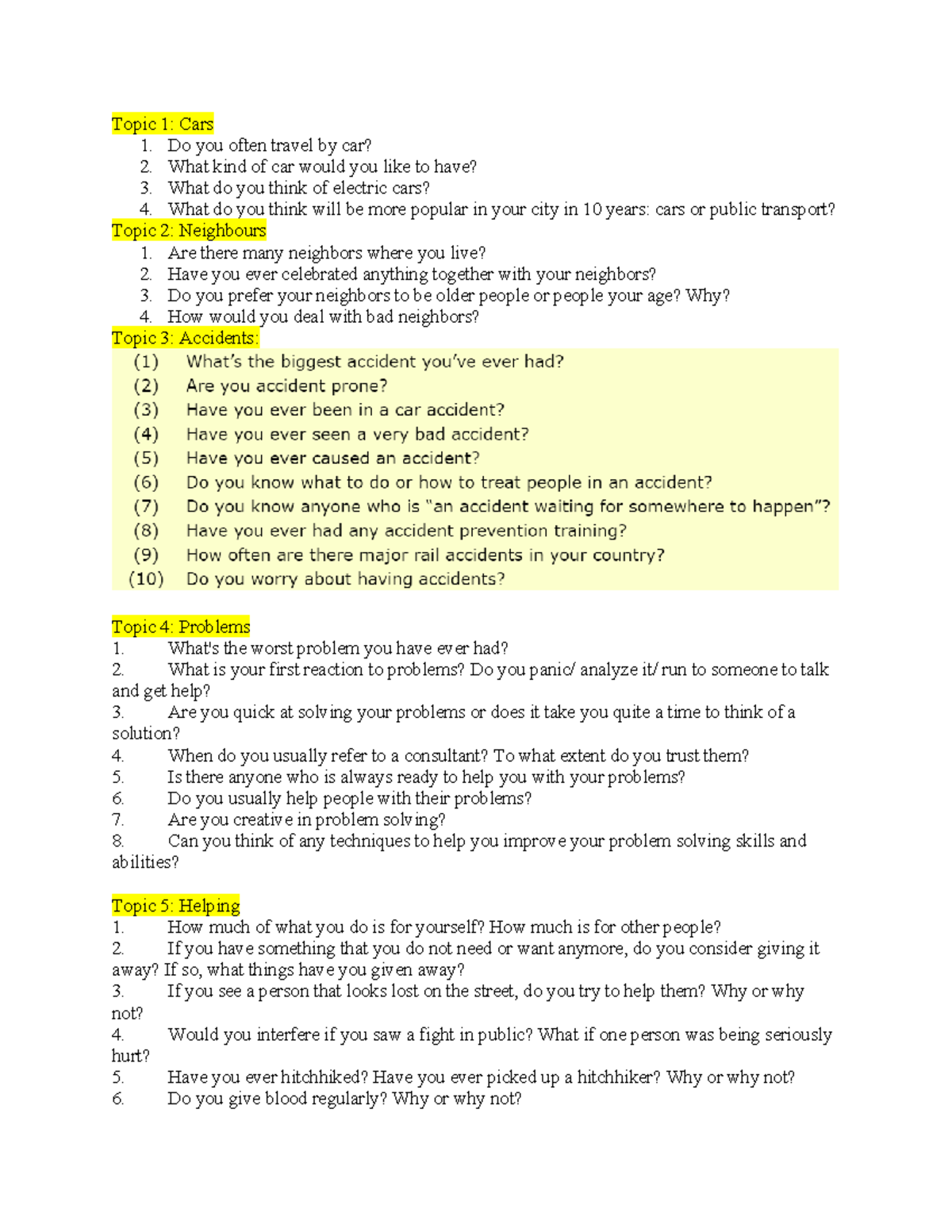 Speaking Questions for Course 2 & 3: Topics on Cars, Neighbors, and ...