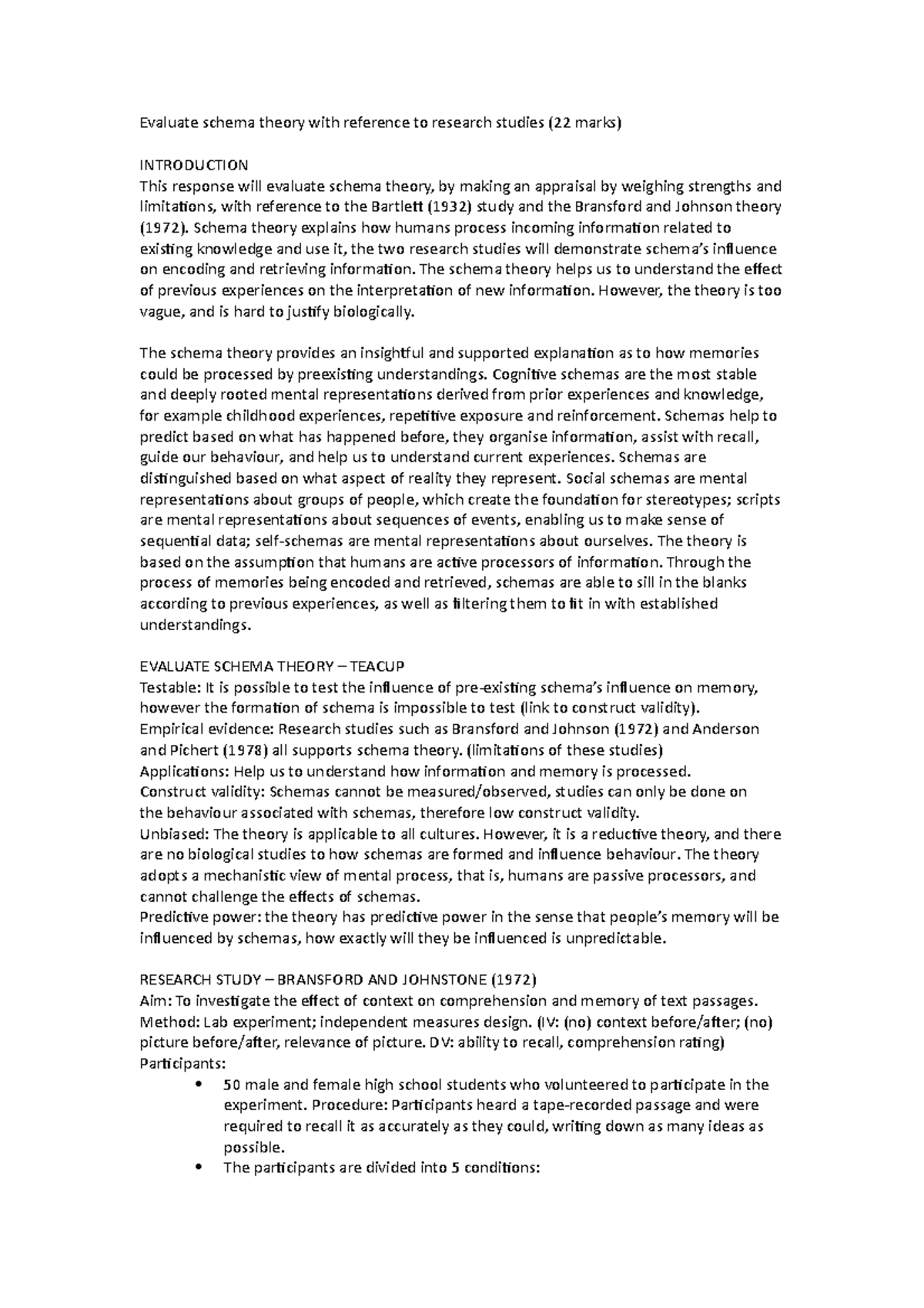 Cognitive Psychology - Evaluation of Schema Theory and Studies - Studocu