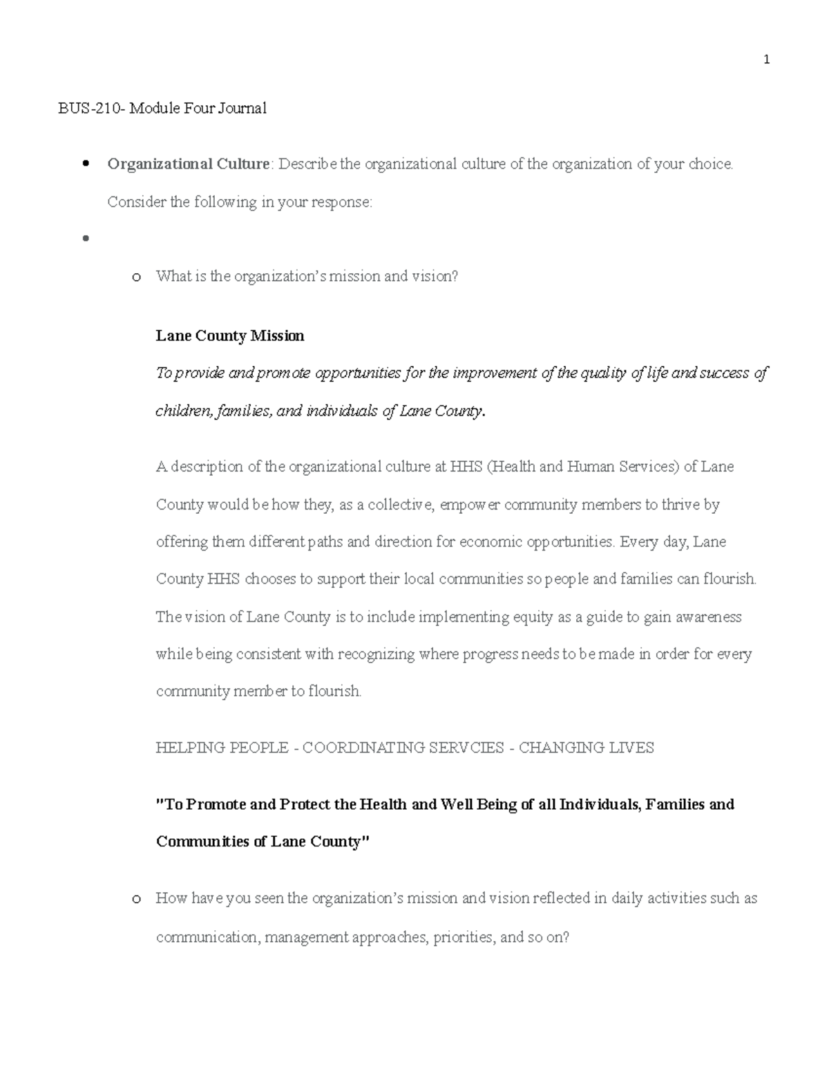 BUS Module 4 Journal - Description of Organizational Culture - BUS-210 ...