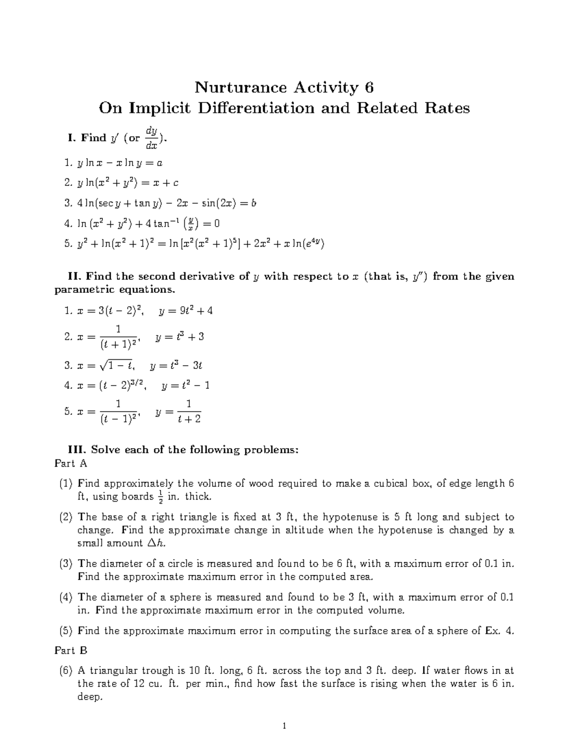 Nurturance Activity 6: Implicit Differentiation & Related Rates - Studocu