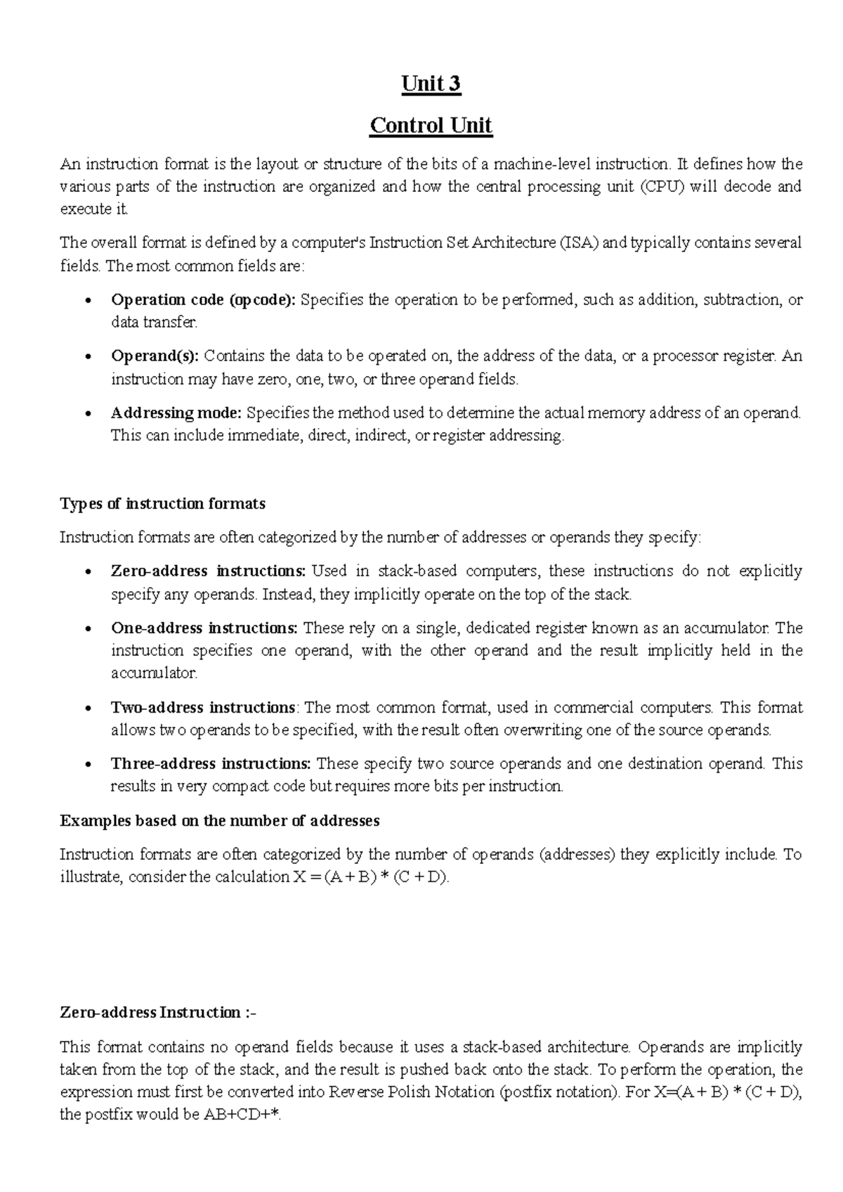 COA Notes: Unit 3 - Control Unit and Instruction Formats - Studocu