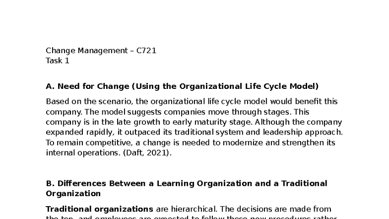 Change Management C721 Task 1: Transforming to a Learning Organization ...