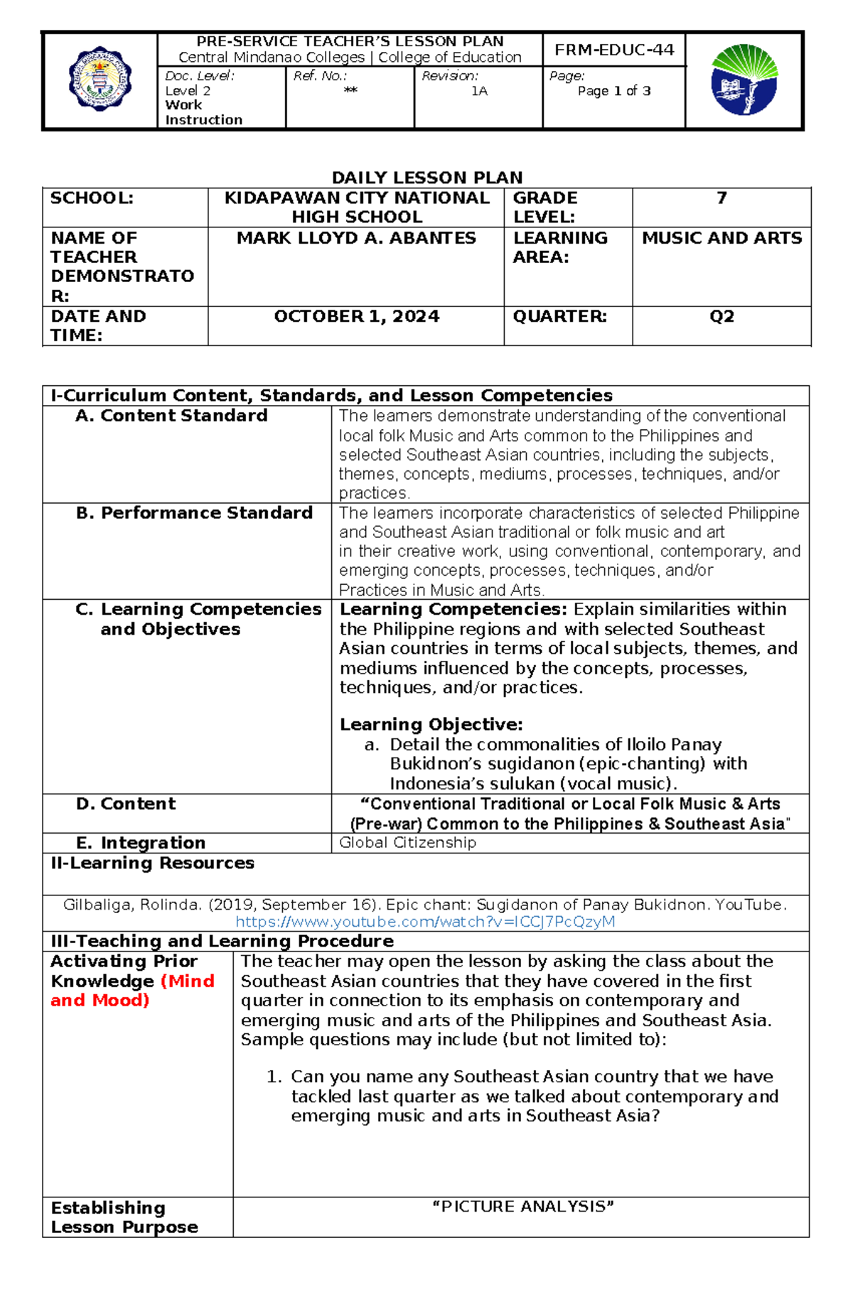 Semi-Detailed Lesson Plan on Folk Music & Arts (FRM-EDUC) - Studocu