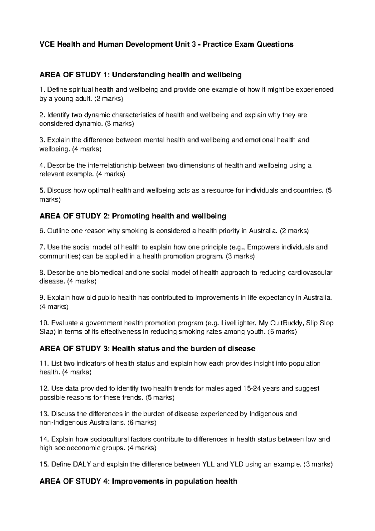 VCE Health and Human Development Unit 3 Practice Exam Questions - Studocu
