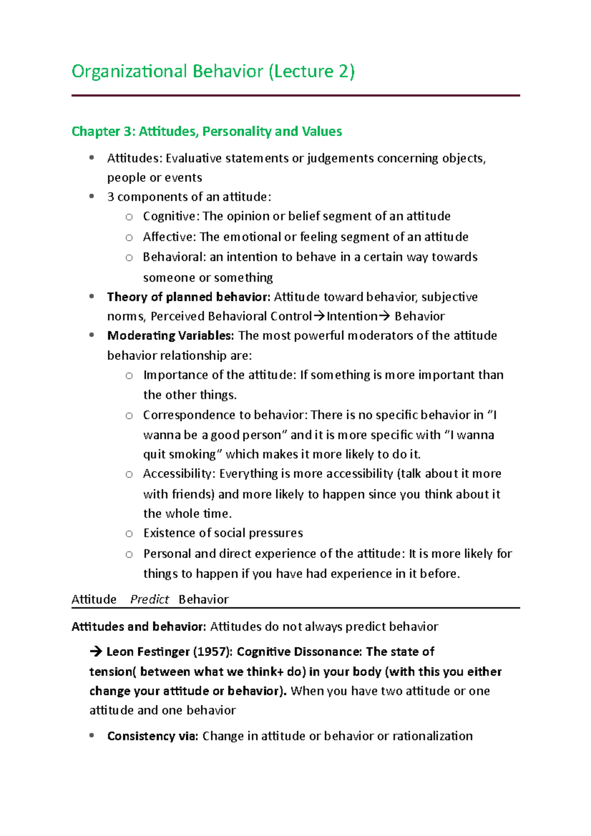 Organizational Behavior Lecture 2: Attitudes, Personality, and Values ...