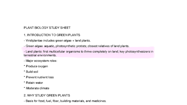 PLANT BIOLOGY (BIO101) STUDY SHEET: INTRO TO GREEN PLANTS - Studocu