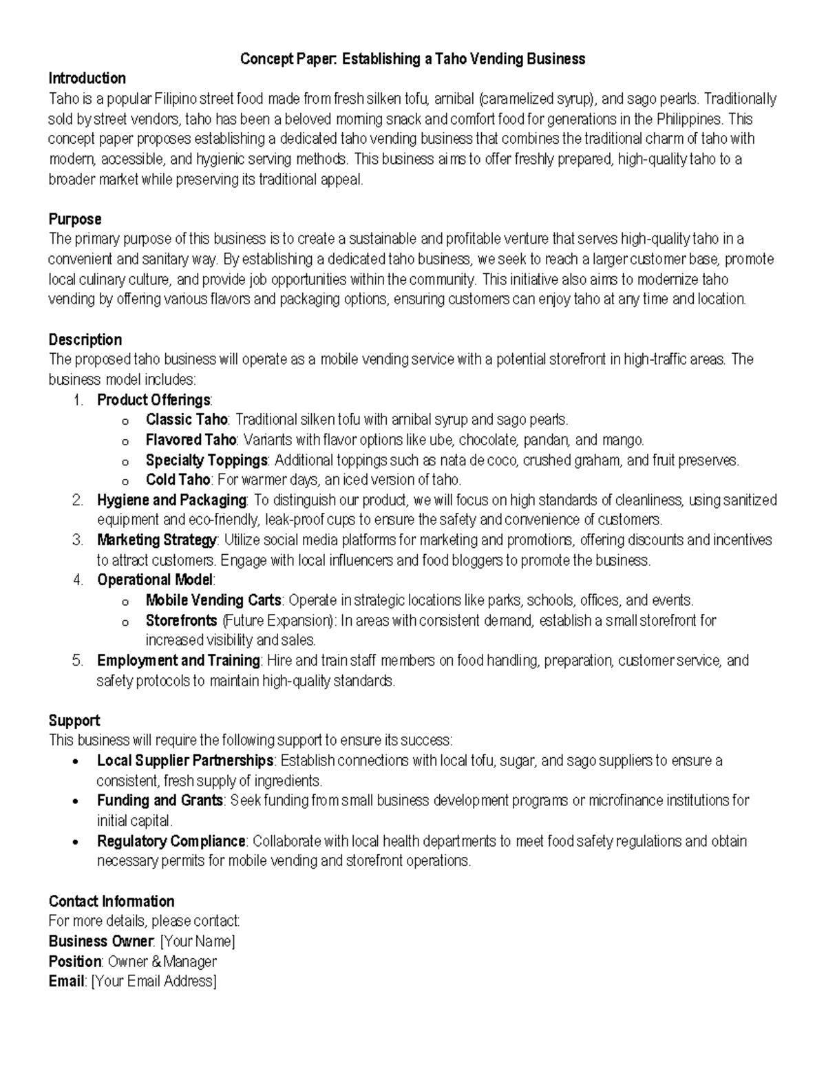 Concept Paper: Business Plan for Taho Vending (BUS 101) - Studocu