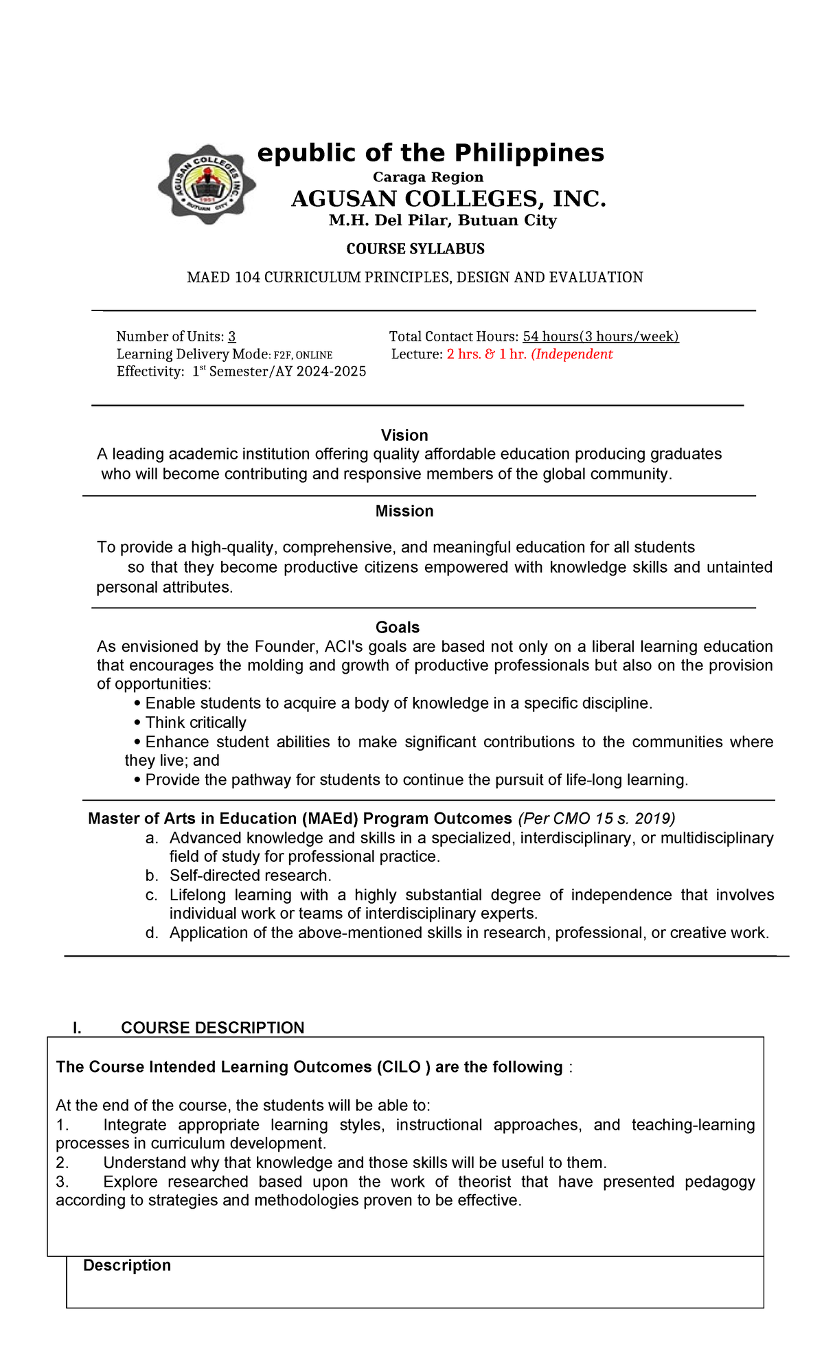 MAED 104 Course Syllabus: Curriculum Principles, Design & Eval - Studocu