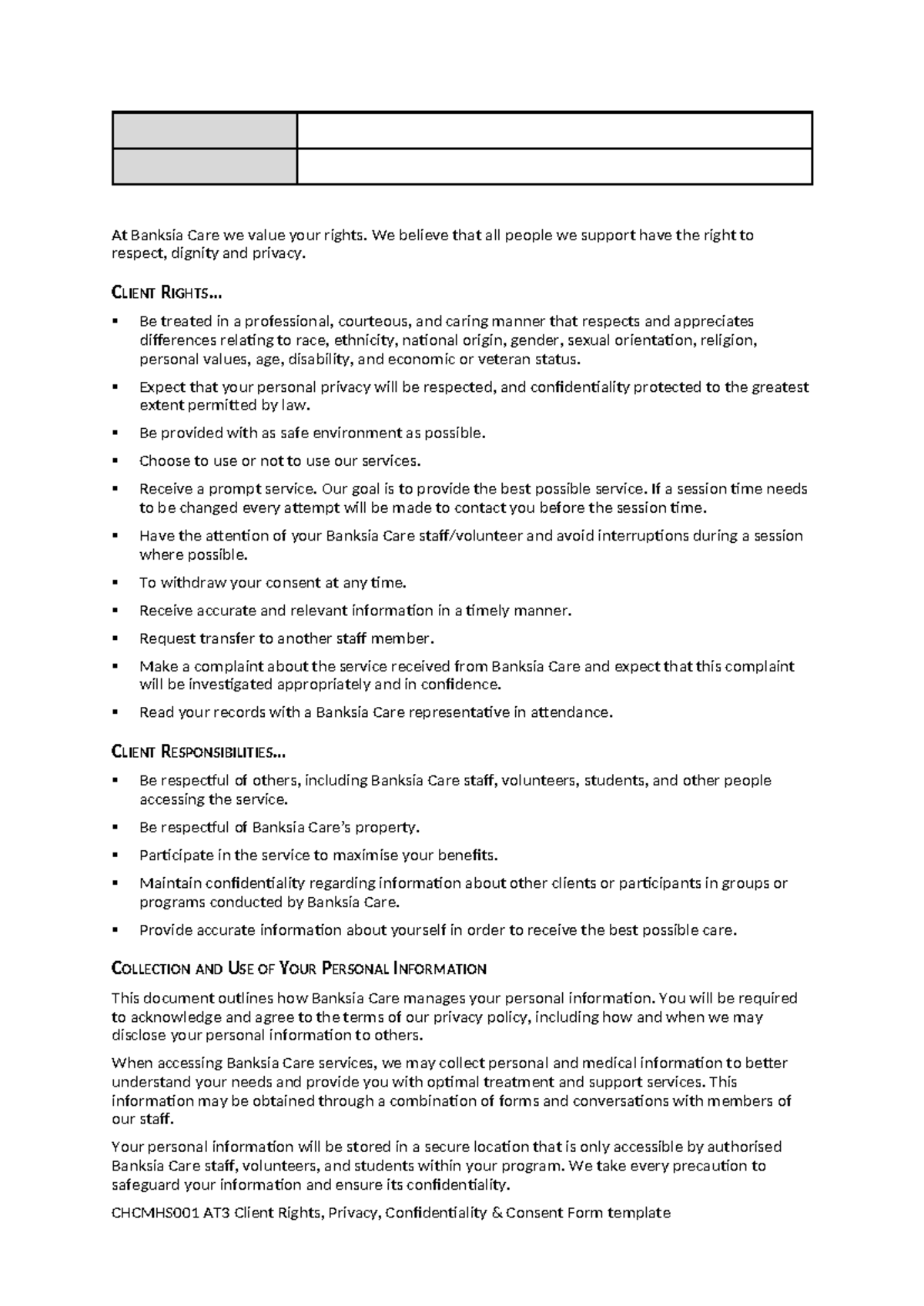 Client Rights and Privacy Guidelines - CHCMHS001 AT3 Consent Form - Studocu
