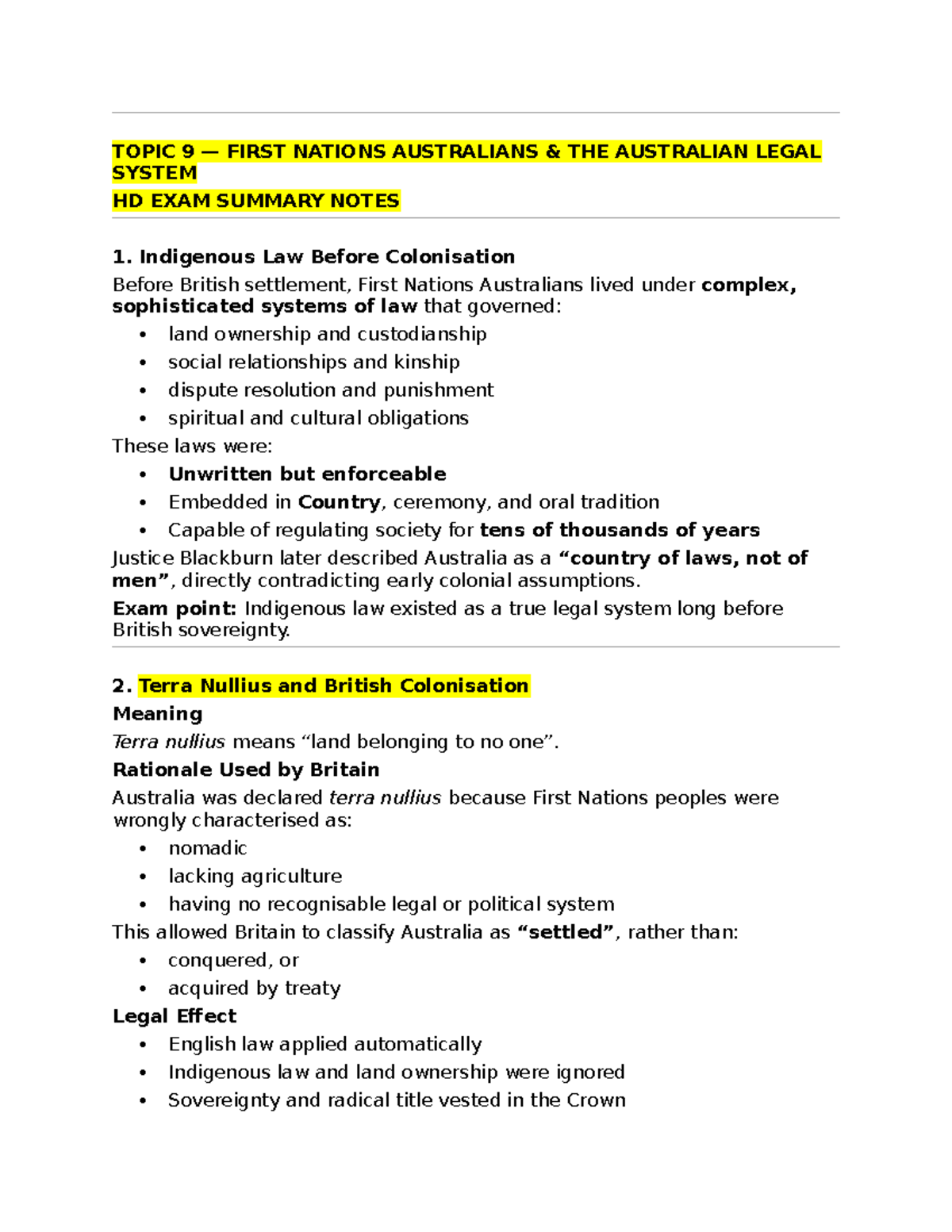 Summary Notes - Topic 9: First Nations & Australian Law HD Exam - Studocu