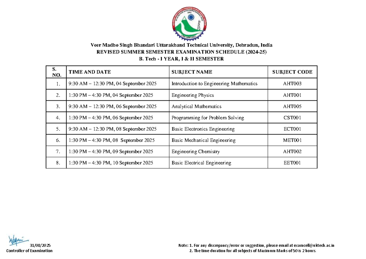 Revised Summer Semester Exam Schedule for B. Tech (All Years) - 2025 ...