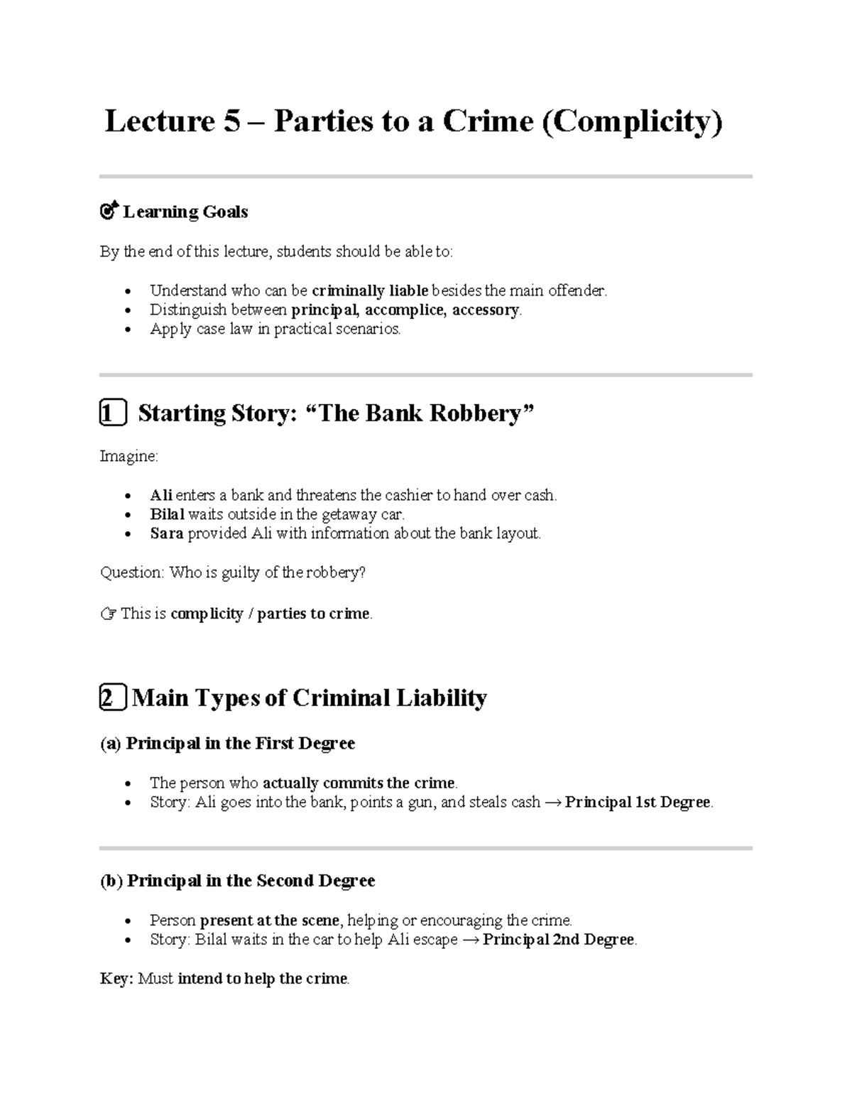 Criminal Law Lecture 5: Parties to a Crime (Complicity) Overview - Studocu