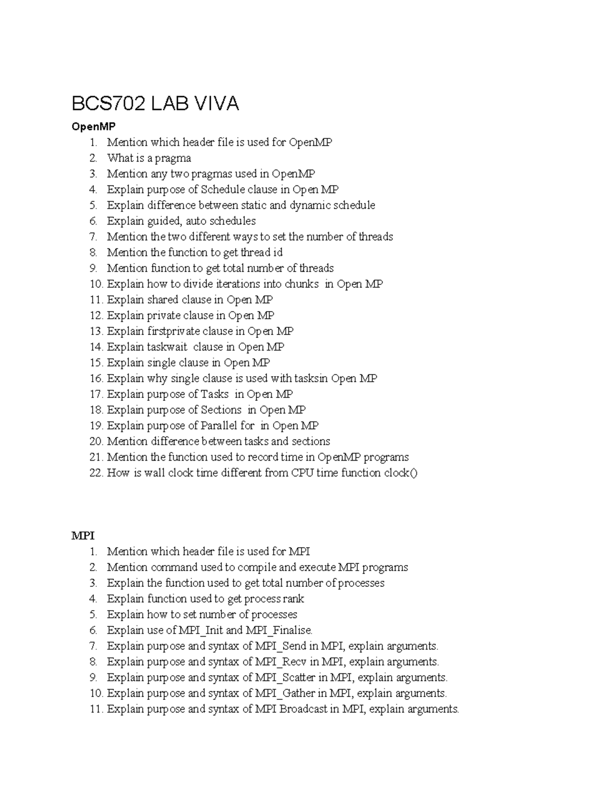 BCS702 LAB VIVA: OpenMP & MPI Concepts Explained - Studocu