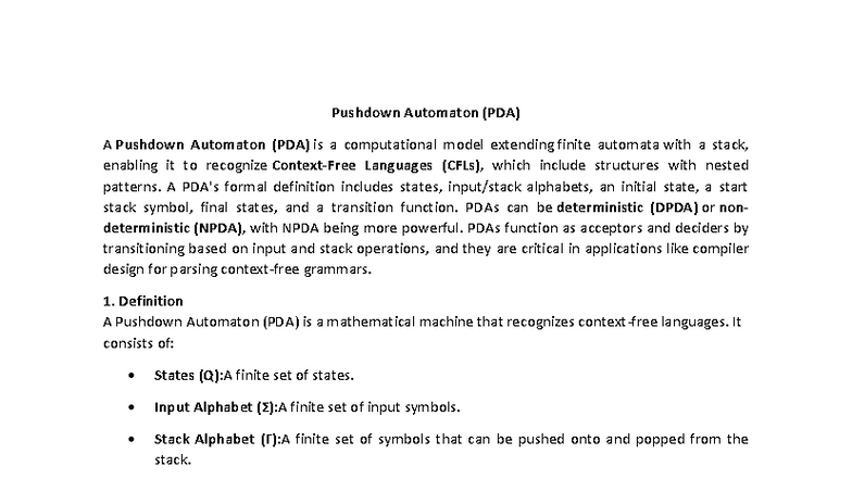 Module 5: Pushdown Automaton (PDA) Overview and Applications - Studocu