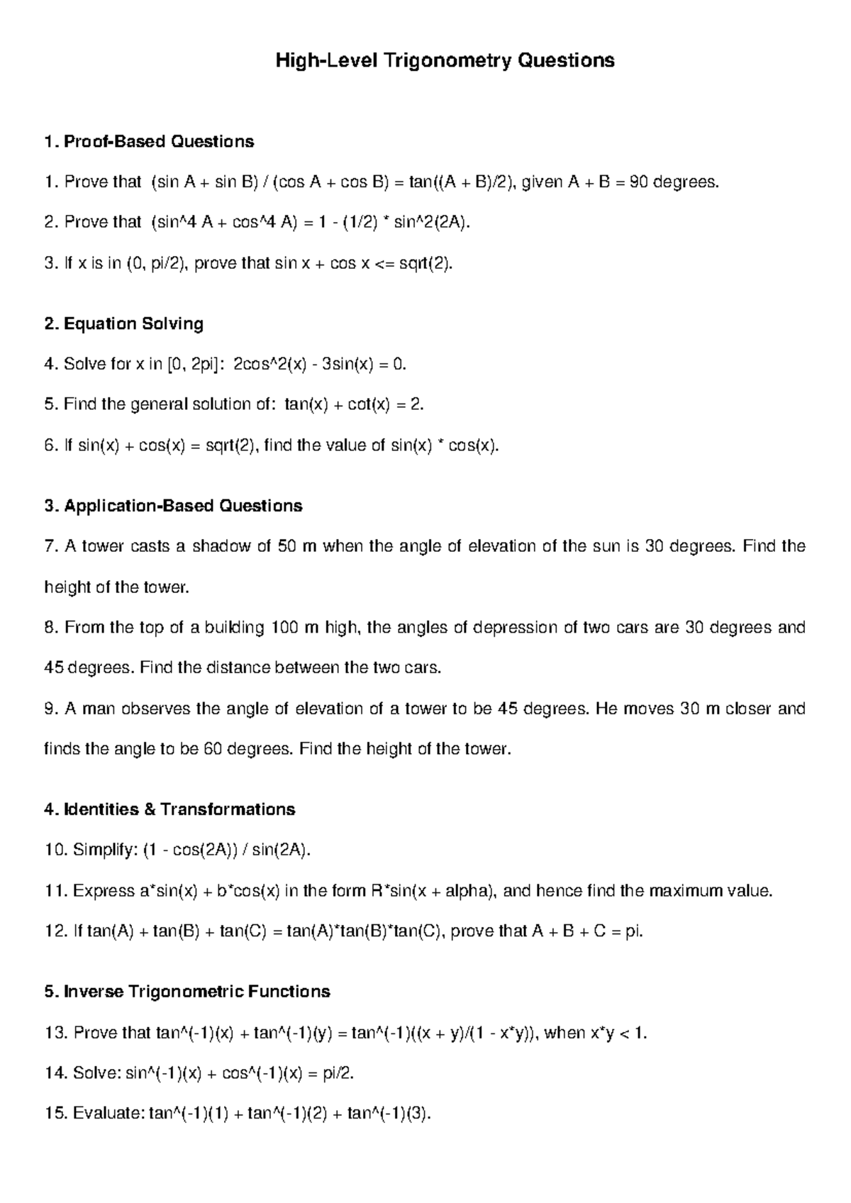 High Level Trigonometry Questions - MATH 101 Final Exam Review - Studocu