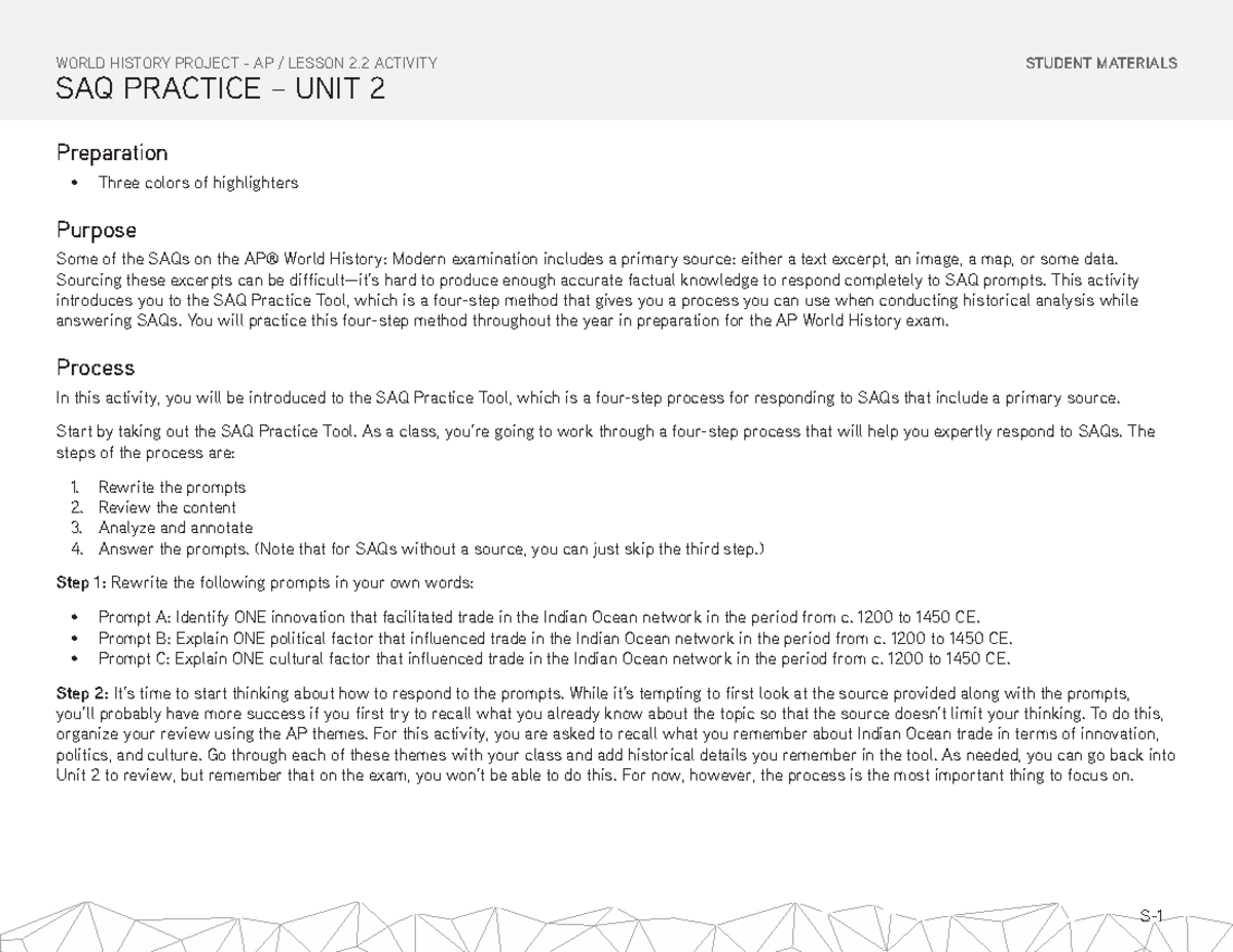 WHP AP World History Lesson 2.2 SAQ Practice Activity Unit 2 - Studocu