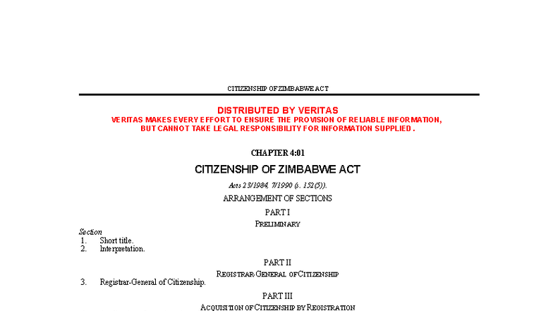 Citizenship of Zimbabwe Act [Chapter 4:01] - Comprehensive Overview ...
