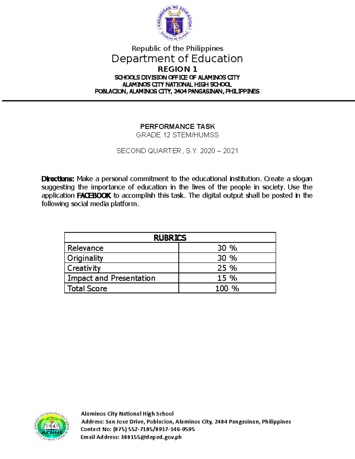2ND Quarter Performance Task - UCSP Grade 12 STEM/HUMSS S.Y. 2020-2021 ...