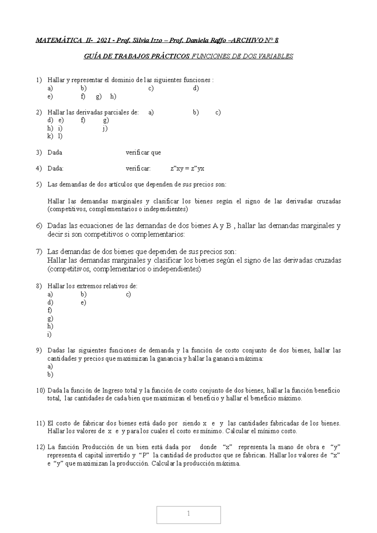 GUIA TP FUNC Varias Variables Archivo N° 8 - 1 MATEMÁTICA II- 2021 ...