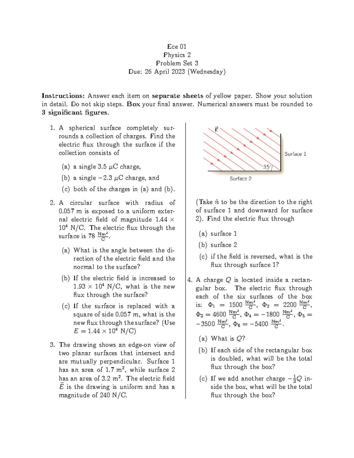 Ece 01 Problem Set 4: Electric Flux Calculations and Solutions - Studocu