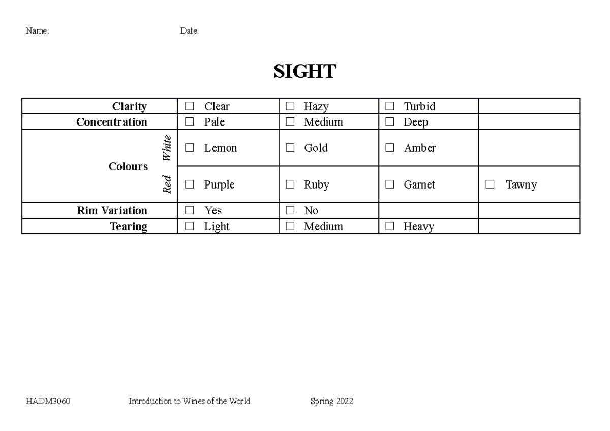 Tasting Sheet - SIGHT Clarity ☐ Clear ☐ Hazy ☐ Turbid Concentration ...