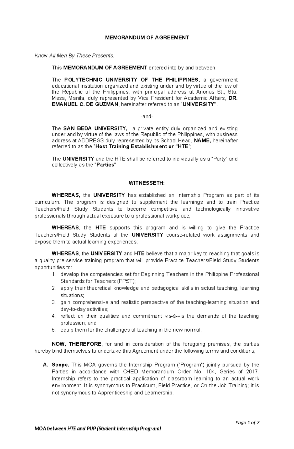 PUP Internship MOA with San Beda University: Agreement Overview - Studocu