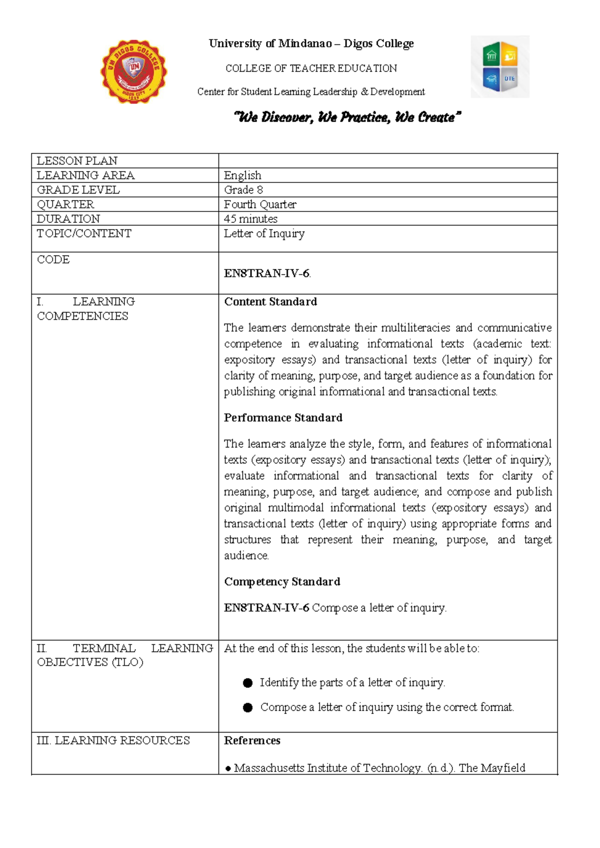 Letter of Inquiry Lesson Plan (English 8 - Final LP) - Studocu
