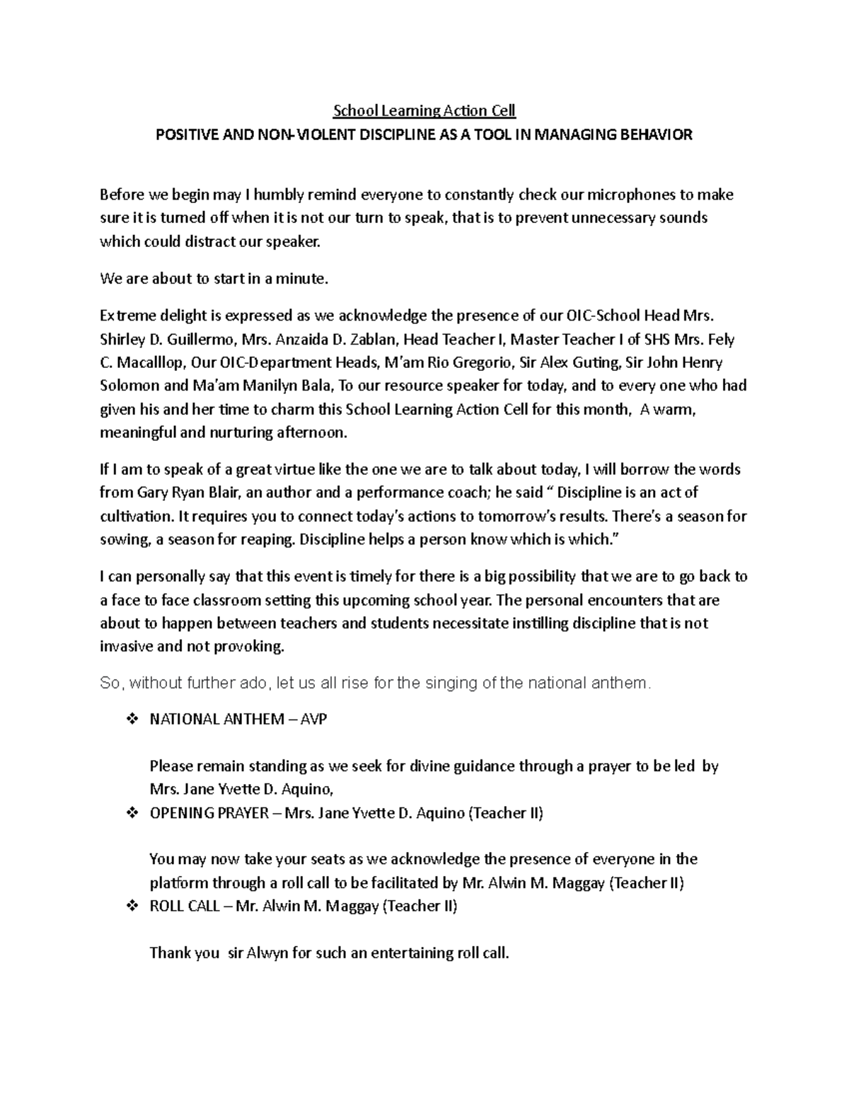 School Learning Action Cell: Positive Discipline Strategies ...