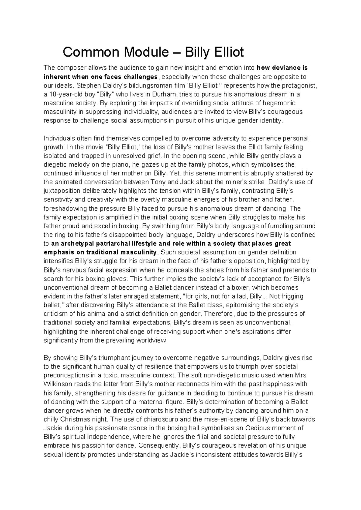Billy Elliot - Essay Notes on Masculinity and Identity in Film - Studocu