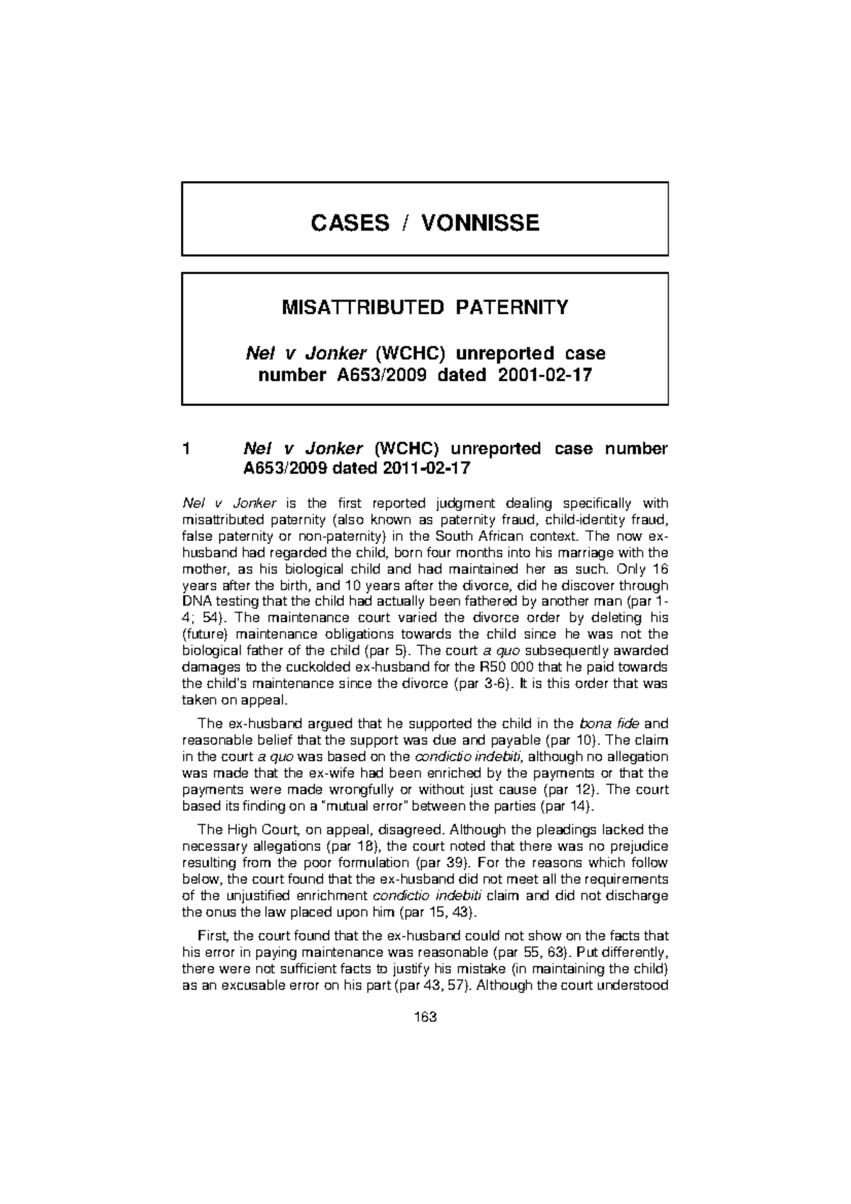 Misattributed Paternity in Nel v Jonker (WCHC) - Case Analysis - Studocu