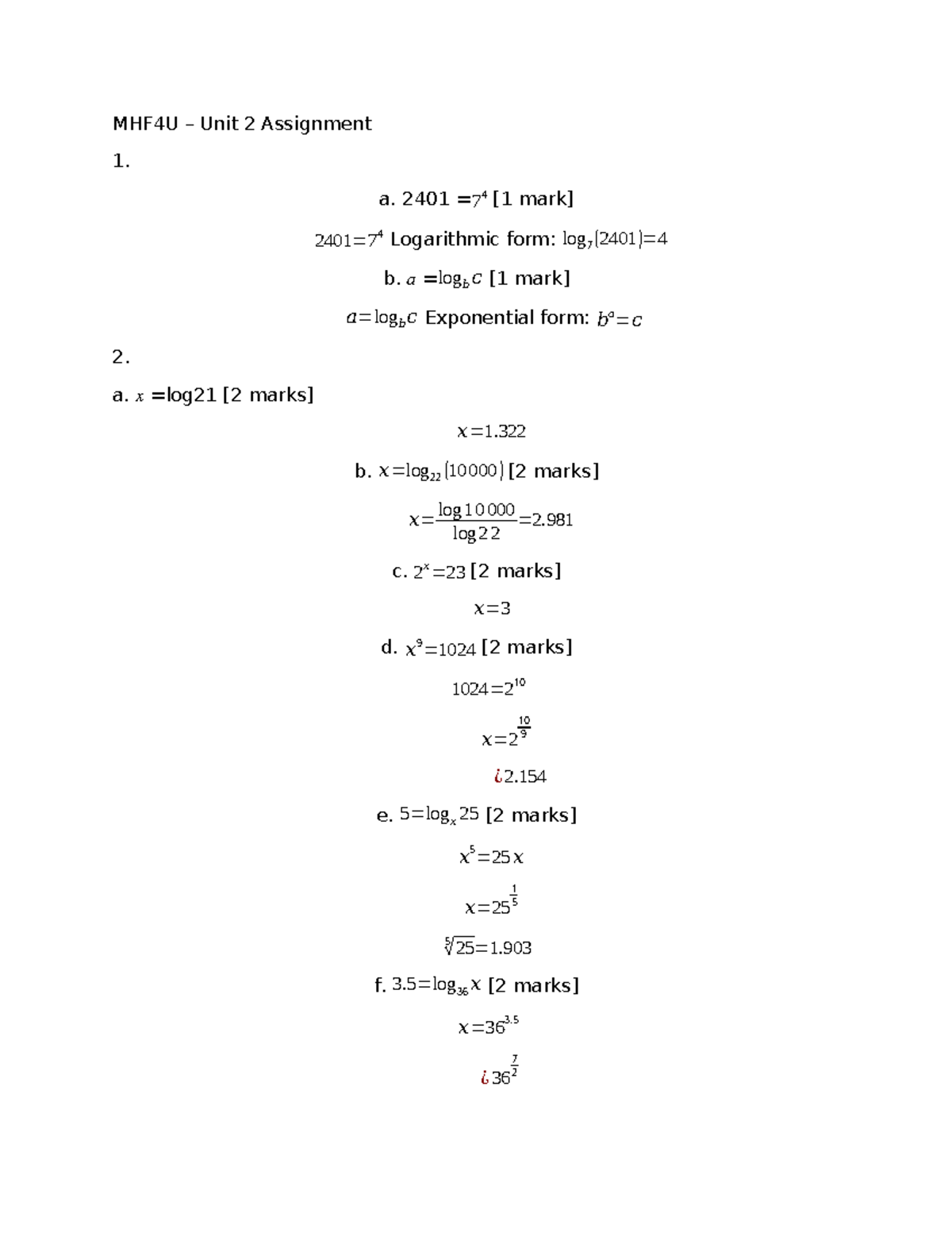 MHF4U Unit 2 Assignment: Logarithmic and Exponential Functions - Studocu