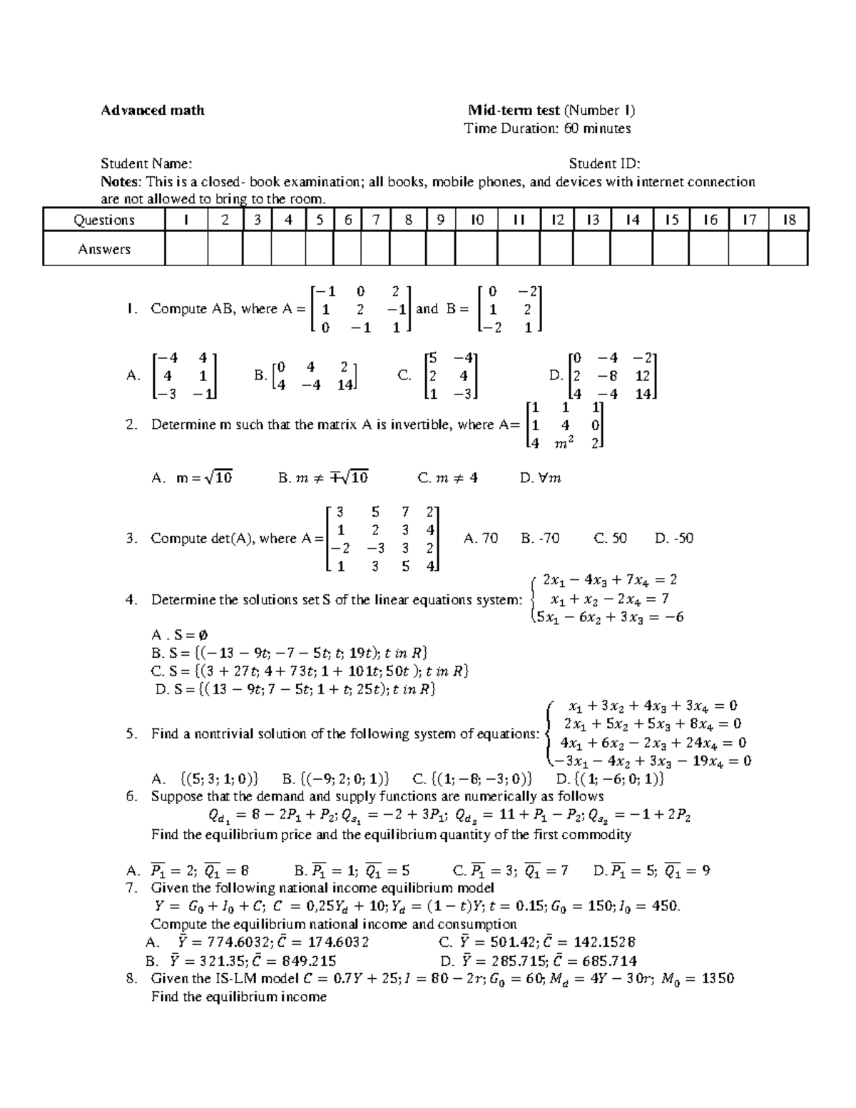 Advanced Math Test (Number 1) - Midterm Review Notes - Studocu