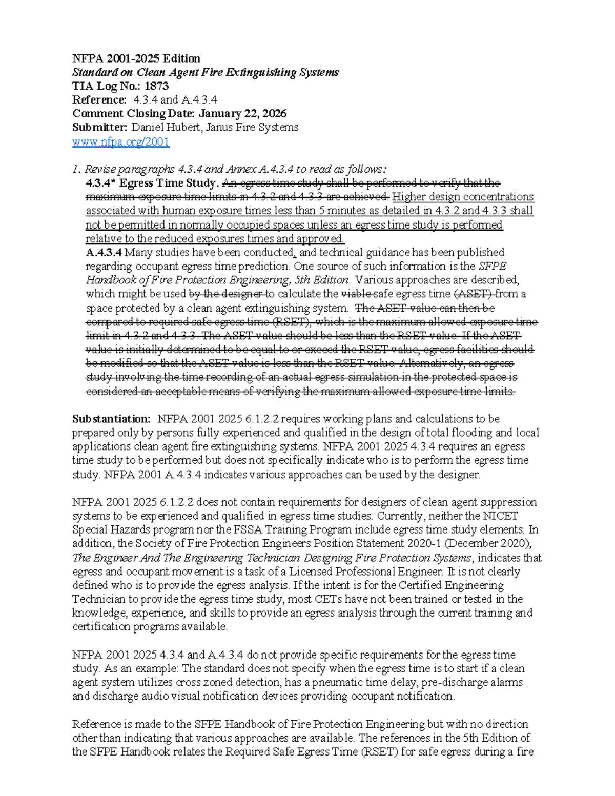 NFPA 2001 Revised TIA 1873: Egress Time Study Guidelines - Studocu