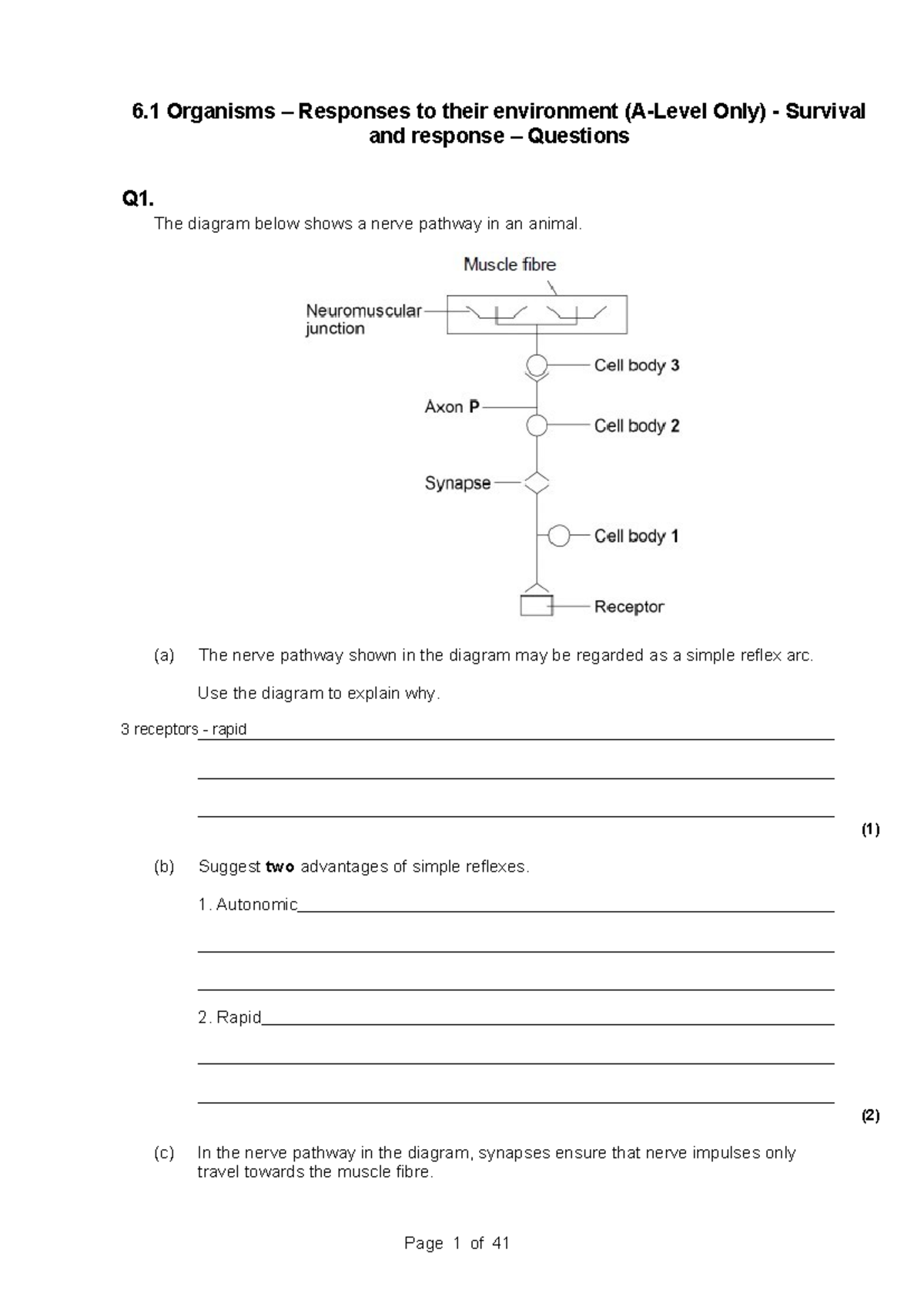 6.1 A-Level Organisms' Responses to Environment: Survival & Response Qs ...