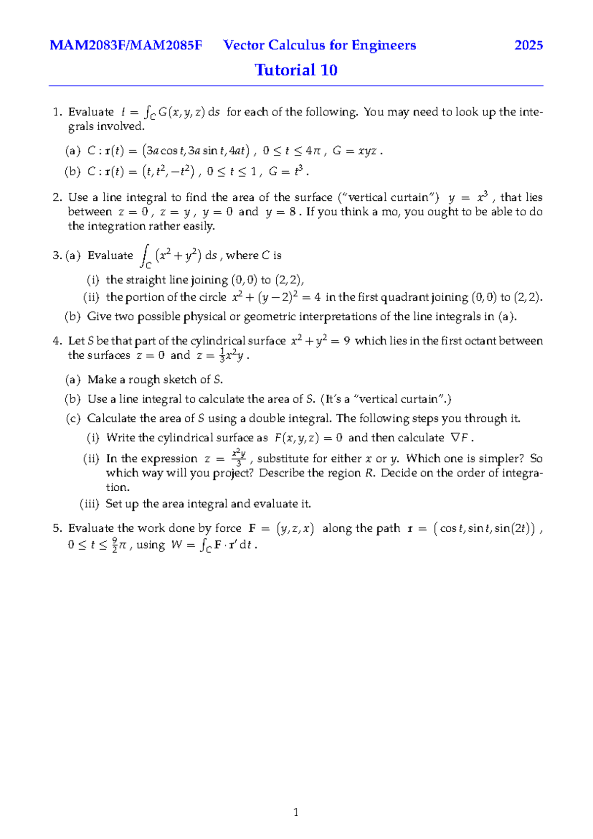 Tutorial 10_MAM2083F: Vector Calculus Line Integrals and Surface Area - Studocu