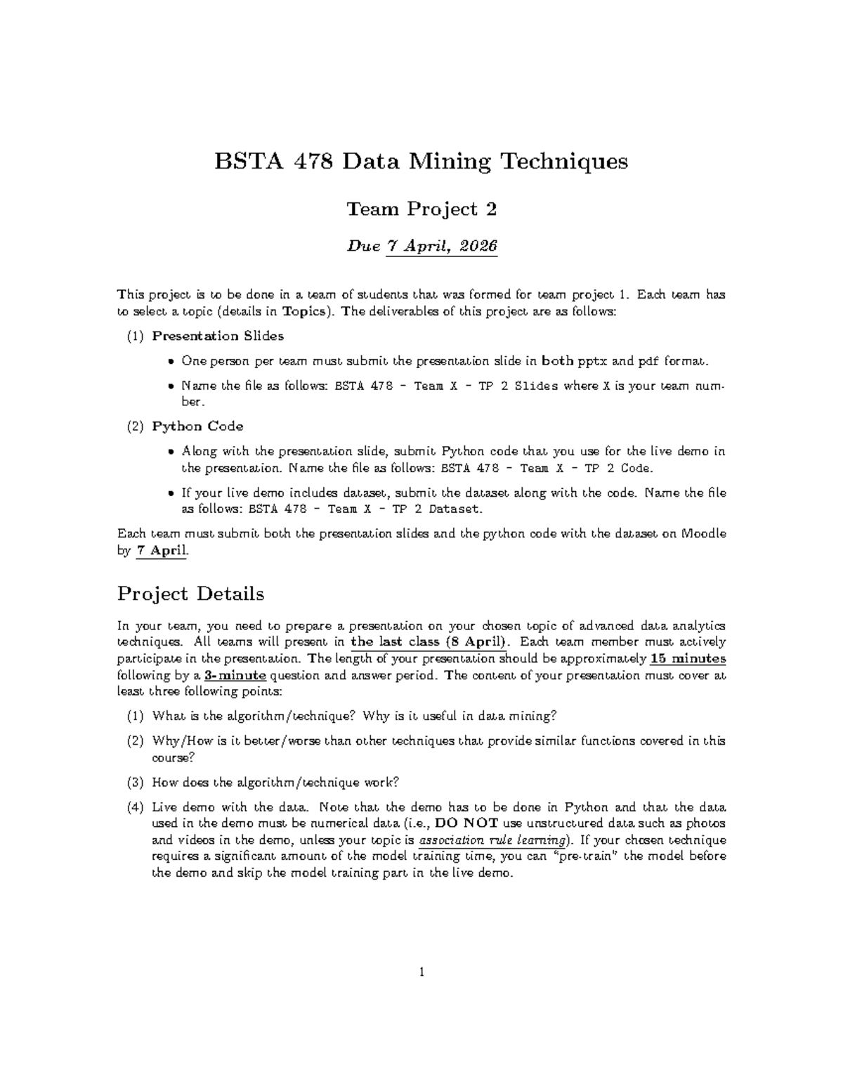 BSTA 478 Team Project 2: Data Mining Techniques Presentation Guide ...