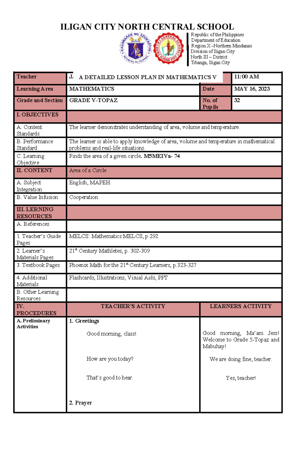 Detailed Lesson Plan: Finding the Area of a Circle for Grade V ...