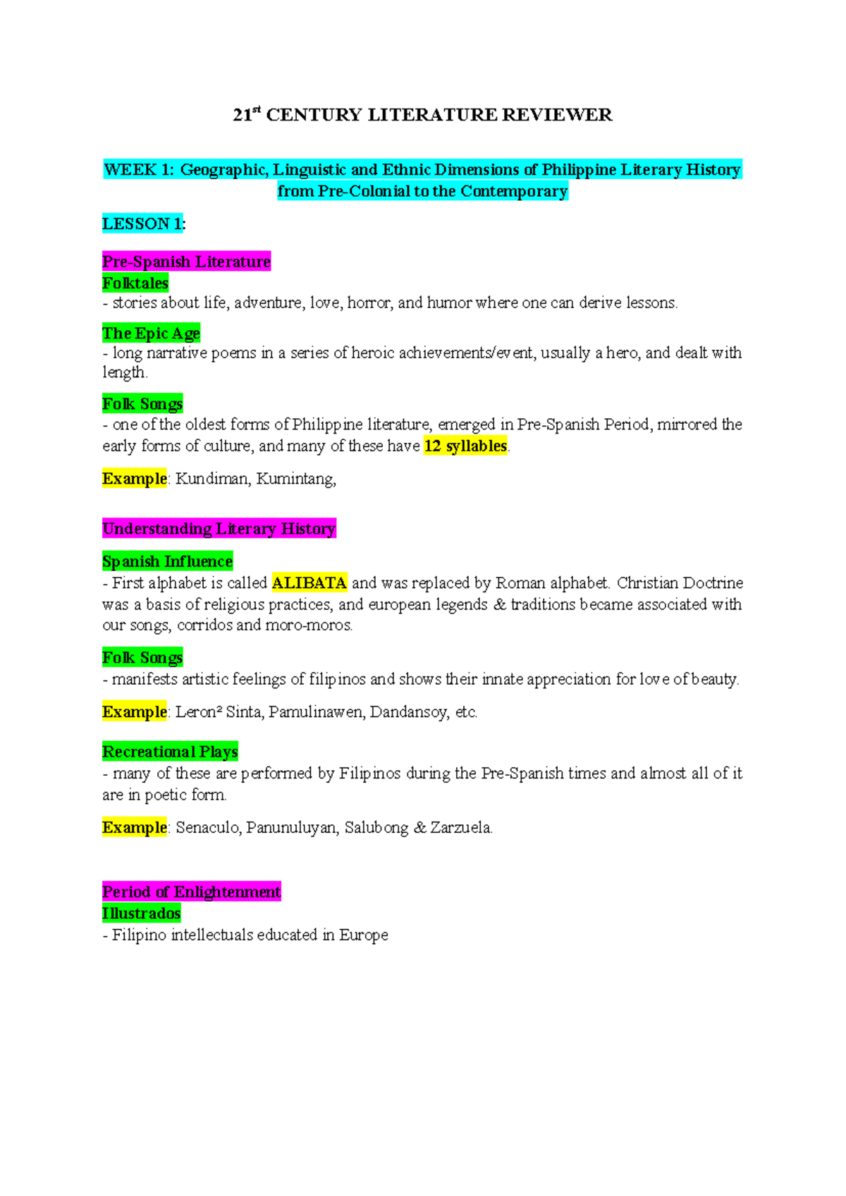 21st Century Literature: Comprehensive Reviewer and Lesson Guide - Studocu