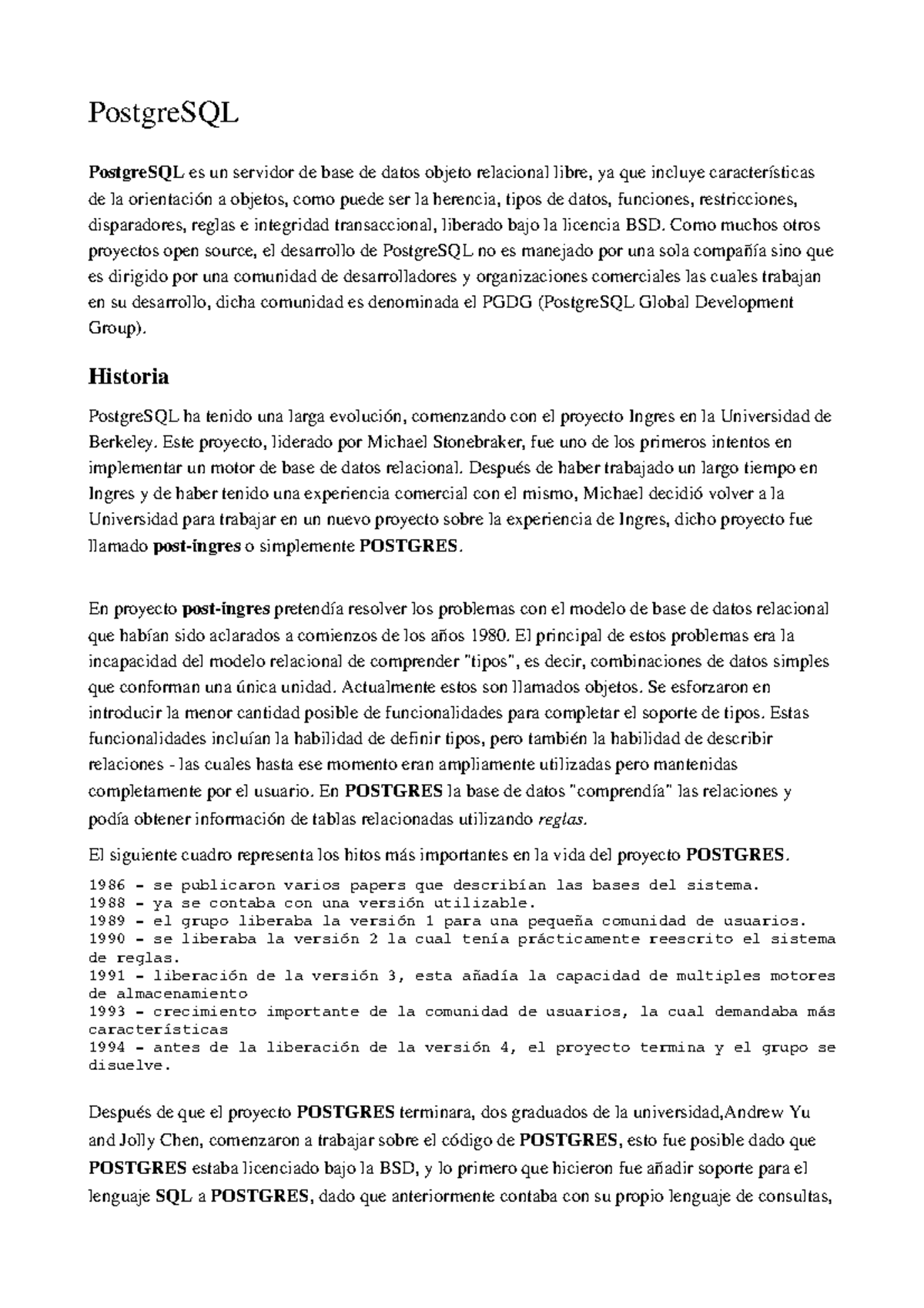 Postgre SQL - Base de datos y posteriores - PostgreSQL PostgreSQL es un ...