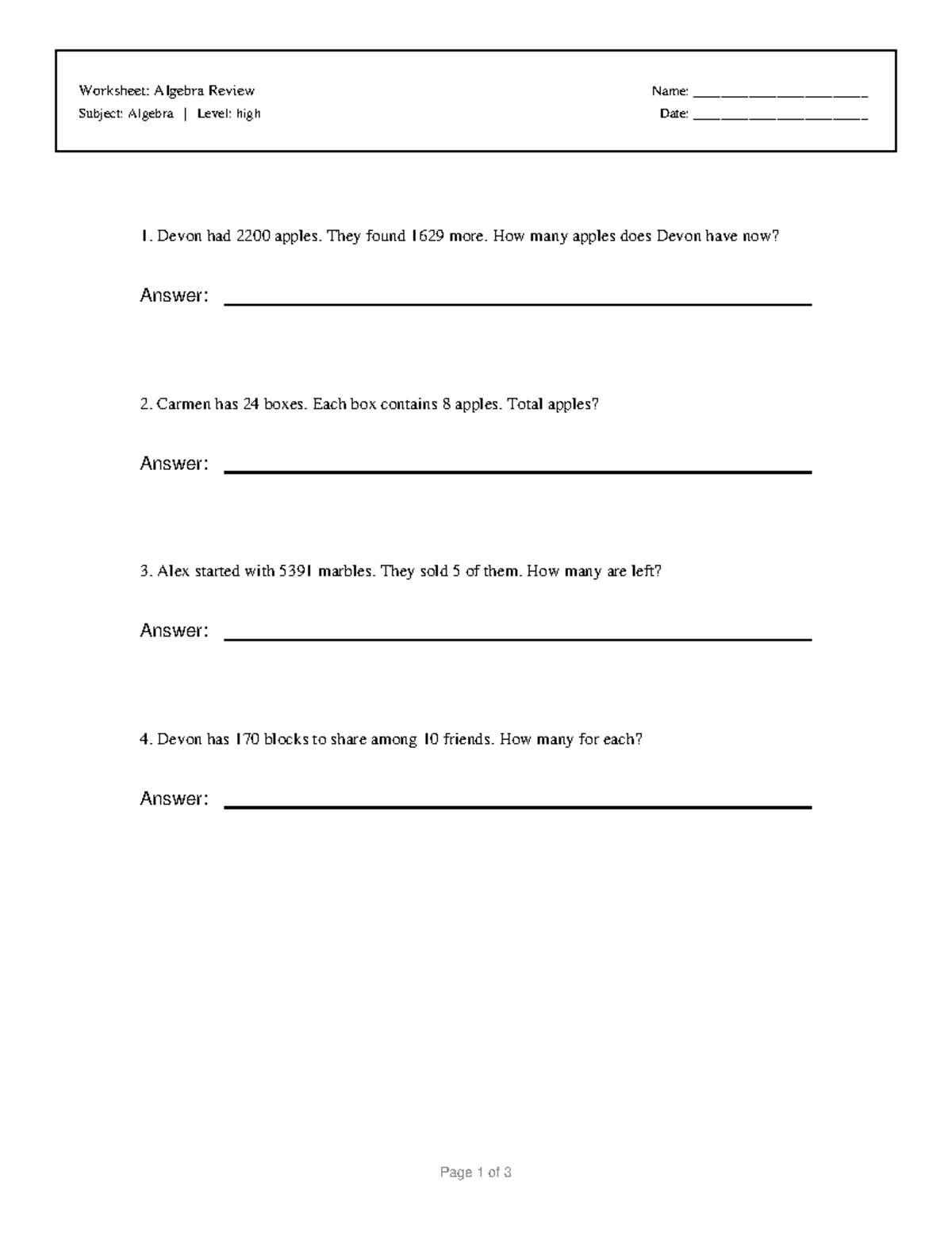 Algebra Review Worksheet: High Level Problems & Answers - Studocu