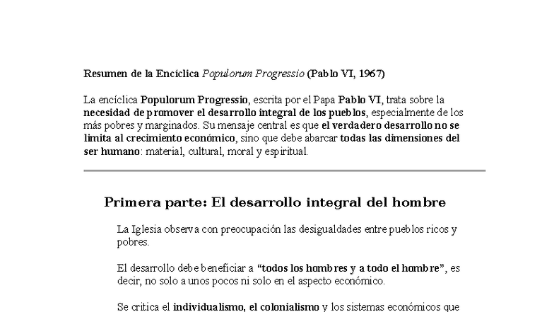 Resumen de la Encíclica Populorum Progressio (Pablo VI, 1967) - Studocu