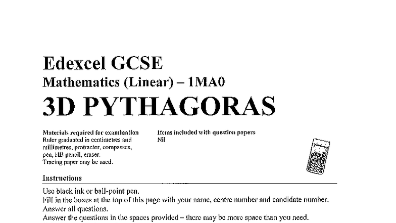 Edexcel GCSE Maths 1MA0 3D Pythagoras Exam Materials & Instructions ...