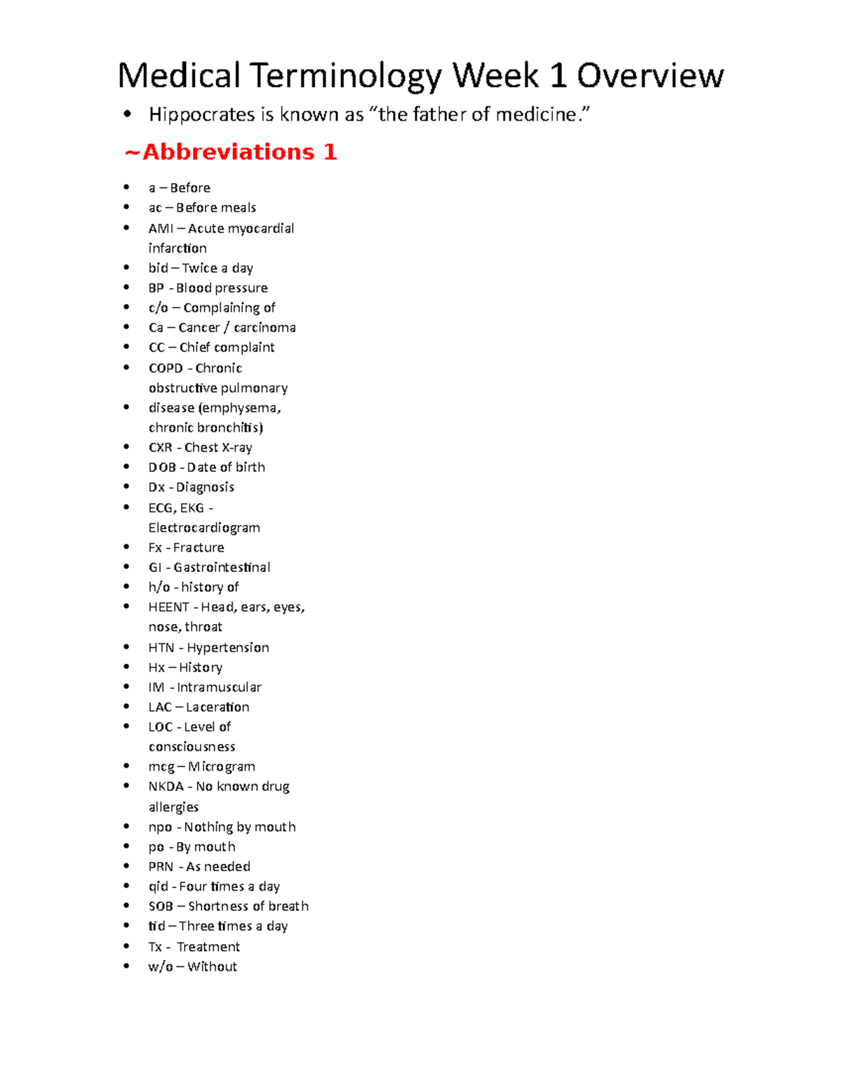 Week 1 terminology - abbreviations and suffixes - Medical Terminology ...