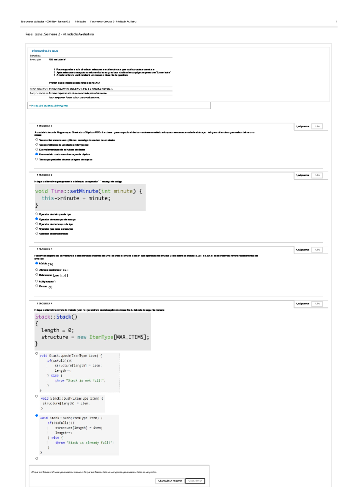 Atividades Avaliativas - Estruturas de Dados - COM160 - Semana 2 - Studocu